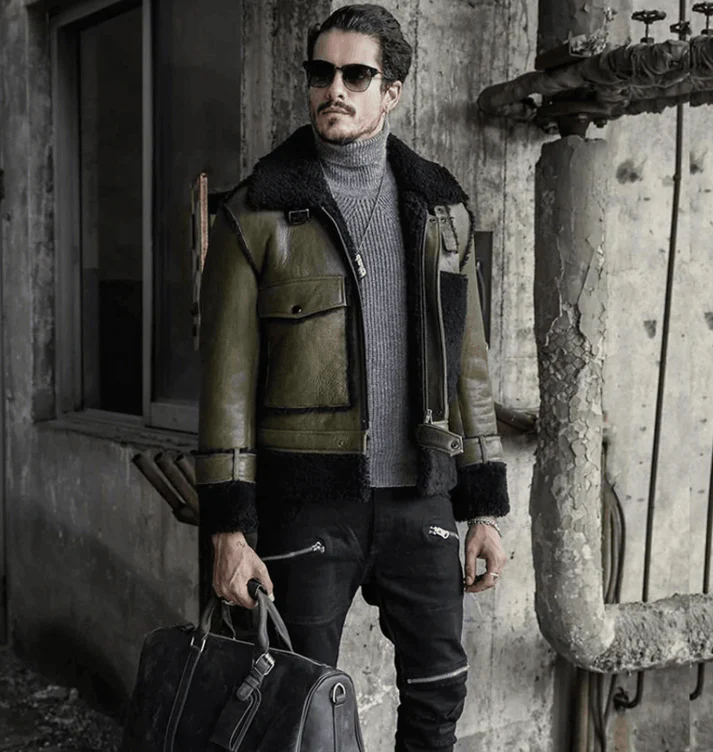 Mens Green RAF Sheepskin Shearling Aviator Jacket - skinsonsapparels.com